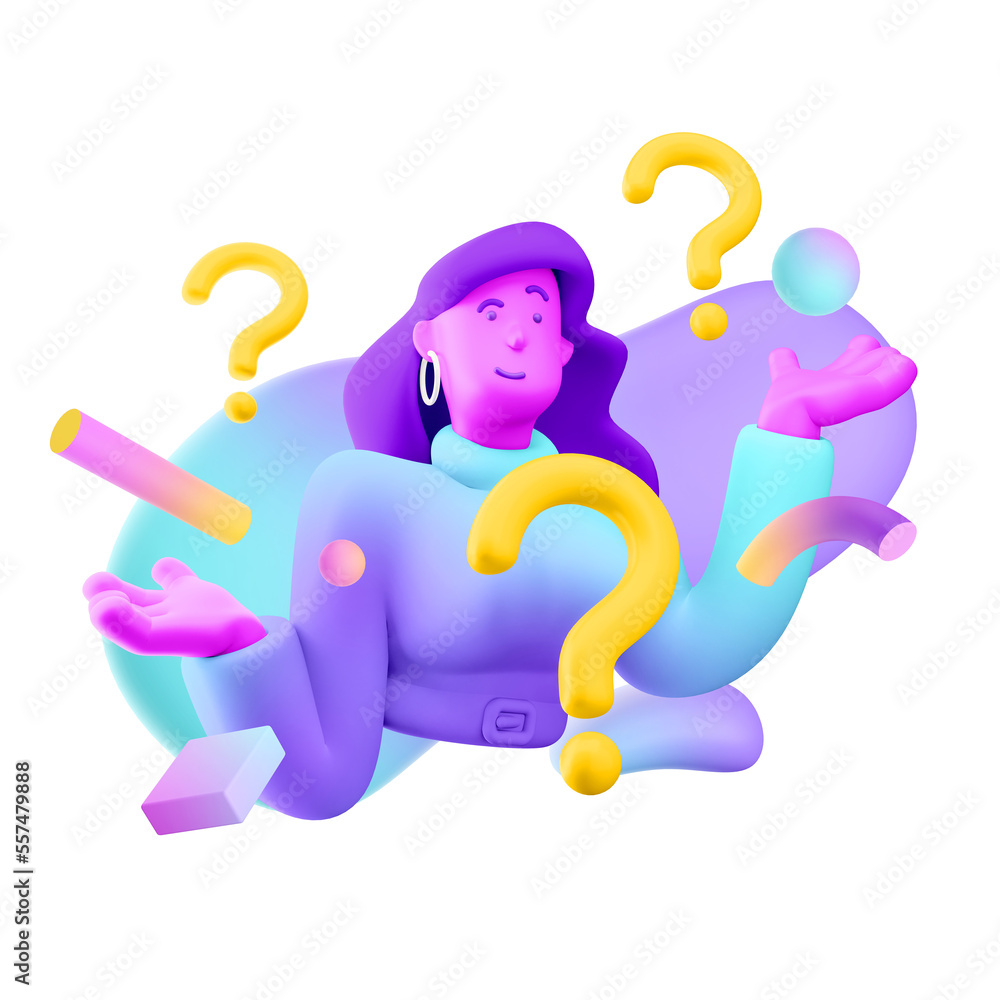 3d illustration. Cartoon girl 3d character with question mark sign ...