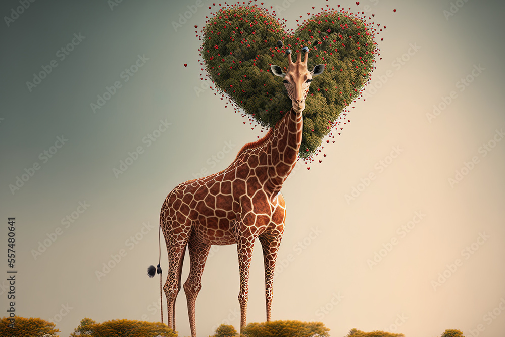 Cute giraffe in the wild with a heart and heart shaped trees ...