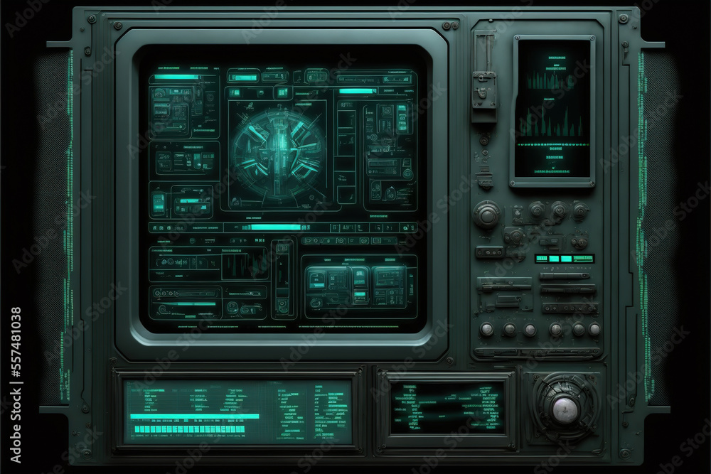 Futuristic display with buttons and screens. Cyberpunk grunge HUD ...