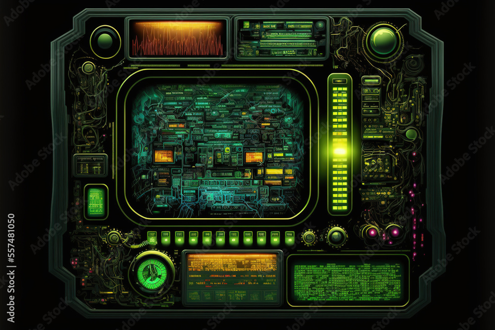 Futuristic display with buttons and screens. Cyberpunk grunge HUD display featuring sci-fi ...