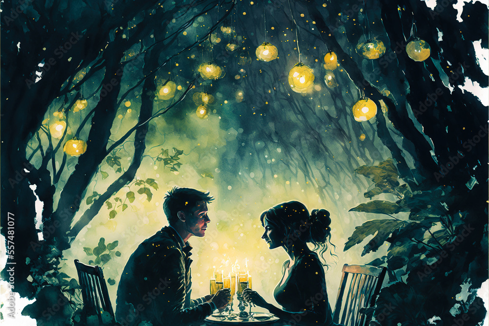 Illustration of a couple having dinner surrounded by hundreds of ...