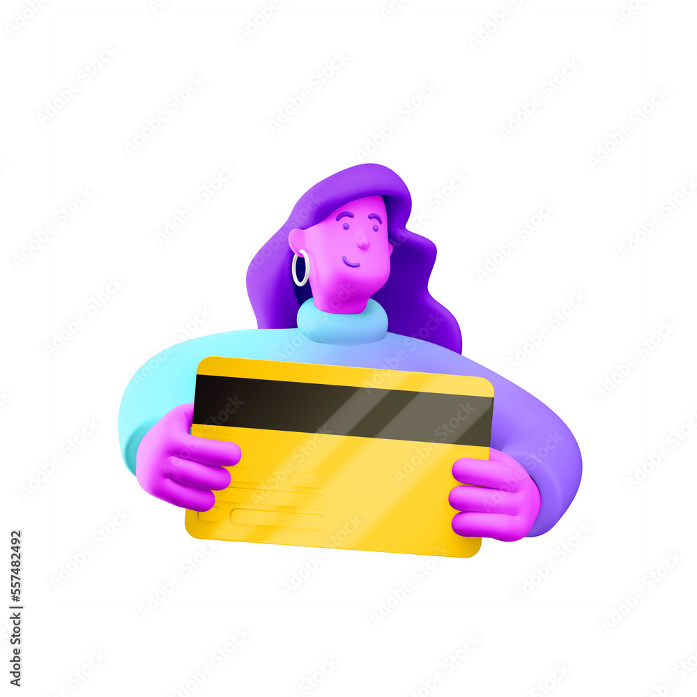 3d illustration. Cartoon girl 3d character with credit card. Credit ...
