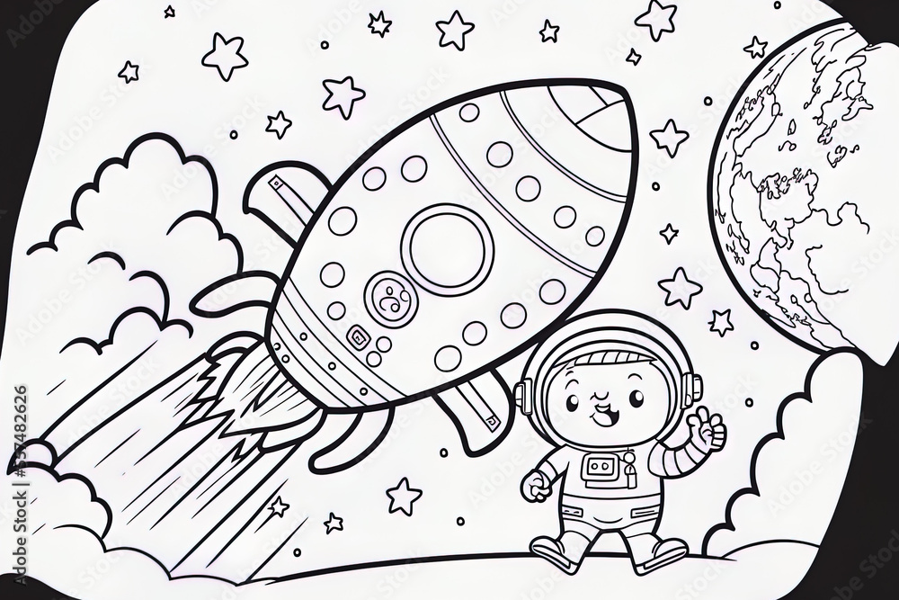 Coloring book depicting an astronaut traveling into space on a rocket ...
