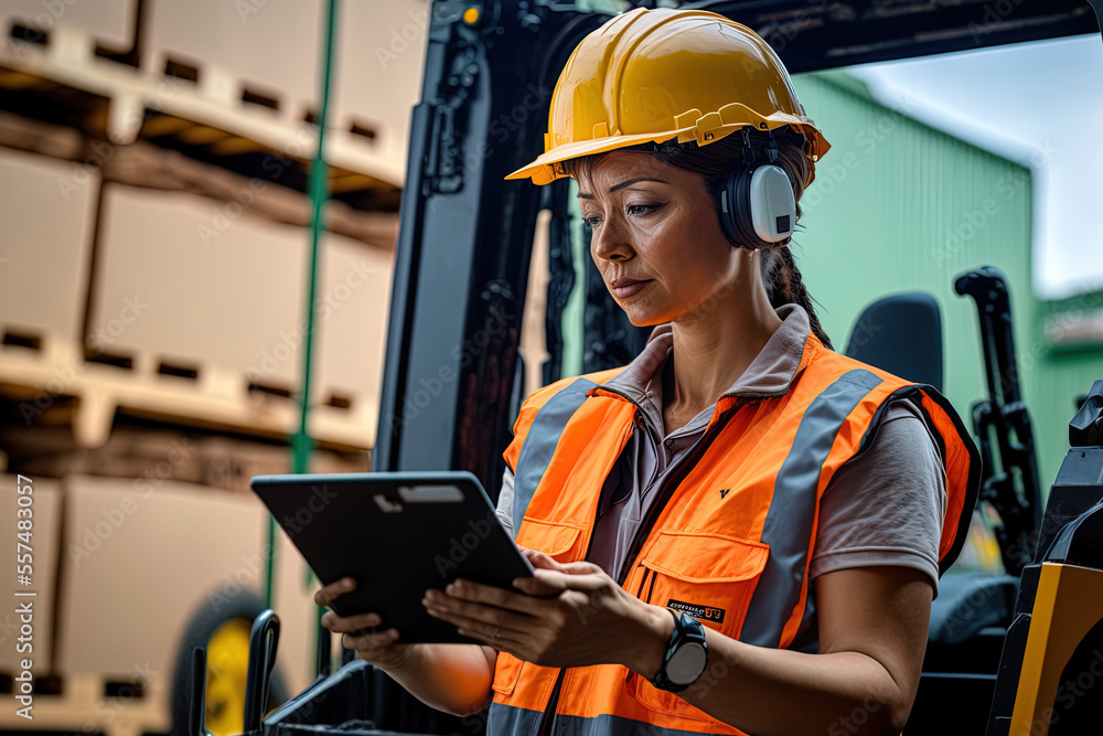 Female foreman using tablet for daily check before working while ...