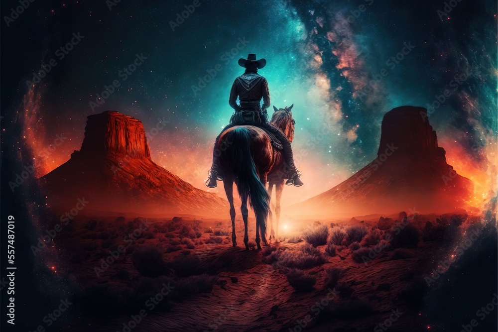 4K resolution or higher, Western Cowboy riding his horse at night under ...