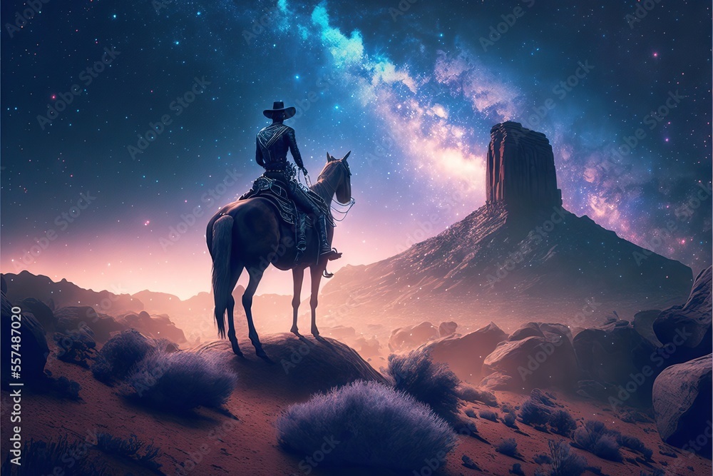 4K resolution or higher, Western Cowboy riding his horse at night under ...