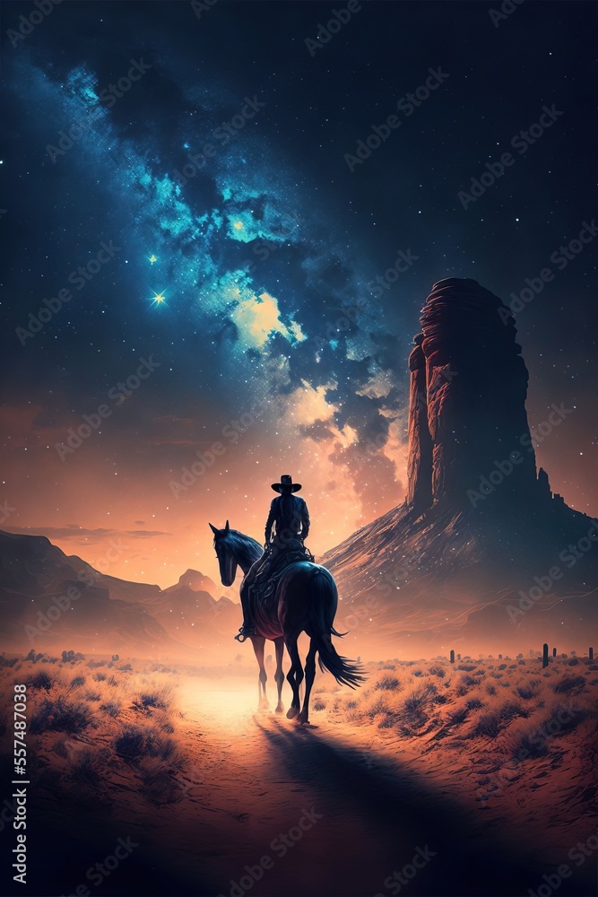 4K resolution or higher, Western Cowboy riding his horse at night under ...