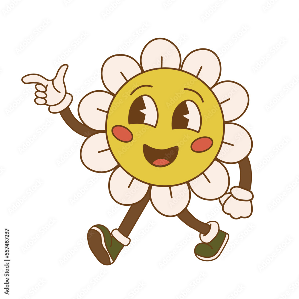 Groovy retro clipart with daisy flower. 60s, 70s, 80s cartoon style ...