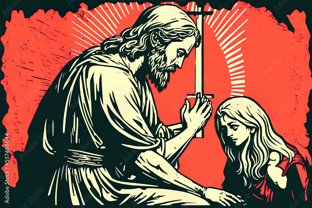 Kneeling alongside Jesus Christ, a pious guy prays. Generative AI Stock ...