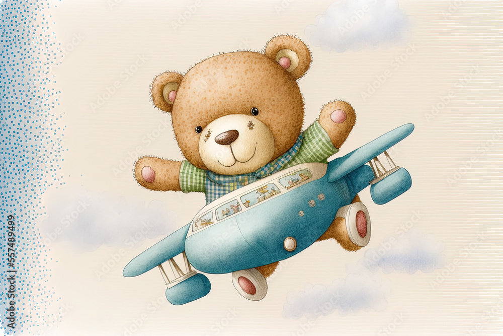 Illustration of a cute teddy bear flying an aircraft that was hand ...