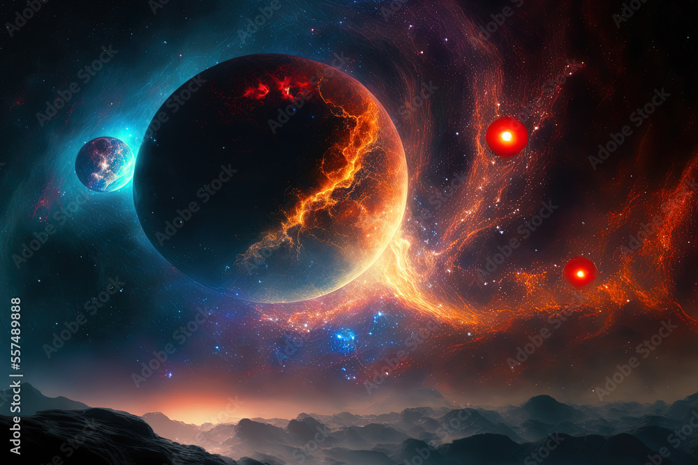 cosmic flare in a nebula, the universe, and a planet at dusk in a ...
