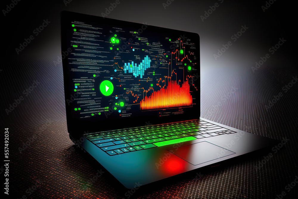 Utilizing a laptop with a glowing chart interface, the hacker ...