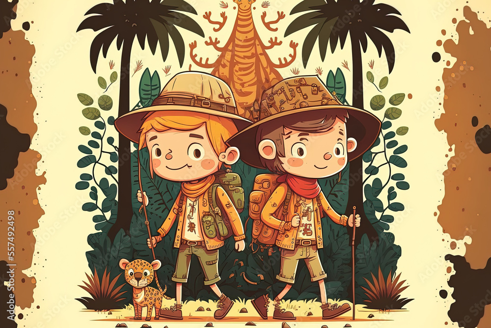 safaris and jungle adventures. Children's camping drawing in an exotic ...