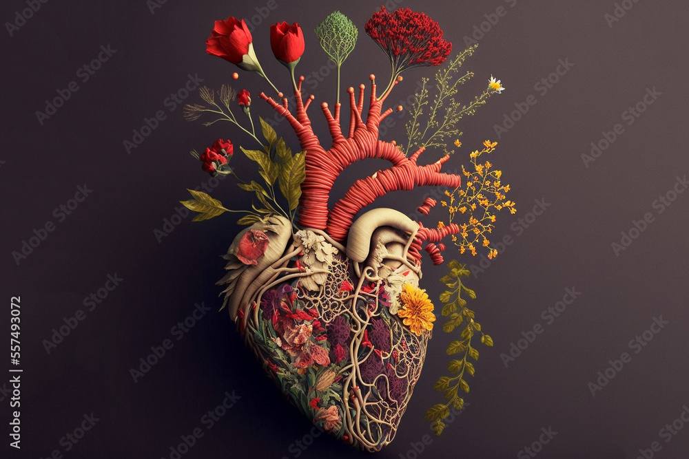 Abstract version of the human heart created with various types of plant ...