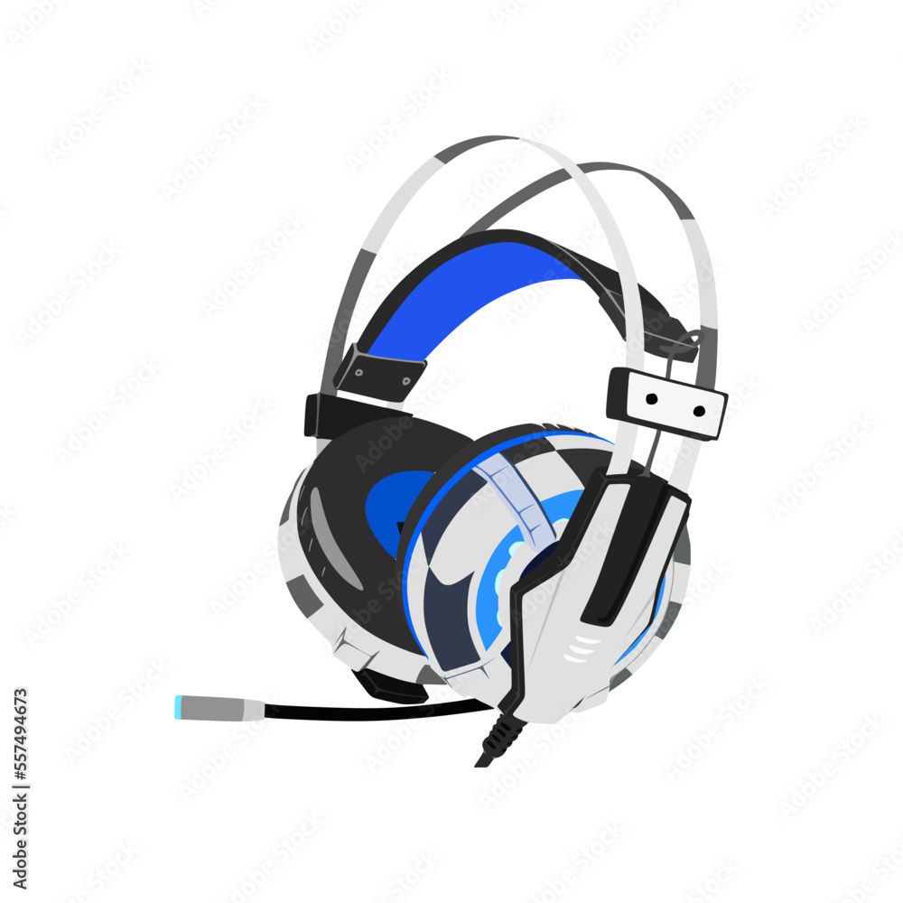 Vector illustration, blue gaming headset isolated on white background ...