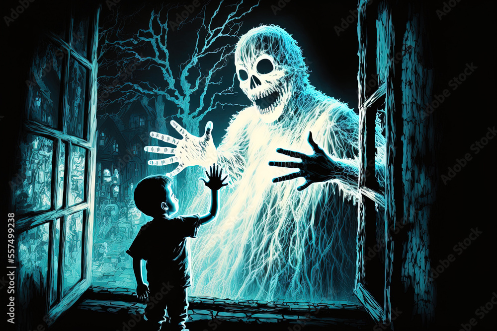 Digital art style artwork of a large ghost reaching out to the kid from ...