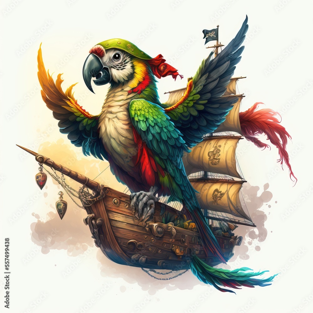 Colorful parrot riding a pirate ship. Flying the Jolly Roger flag, this ...