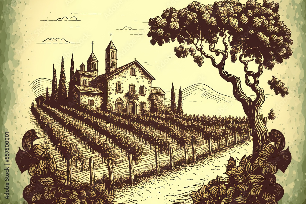 vintage vineyard scenery a hand drawn drawing in format. Generative AI ...