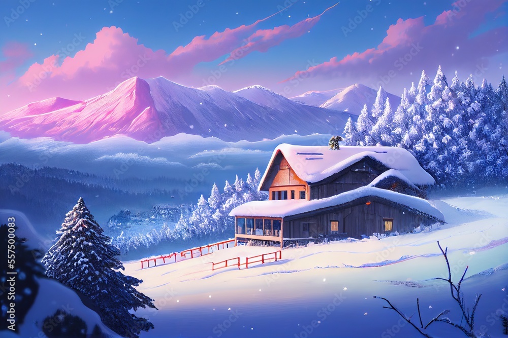 Winter House - snow-covered idyllic home scene. Lonely single home off ...