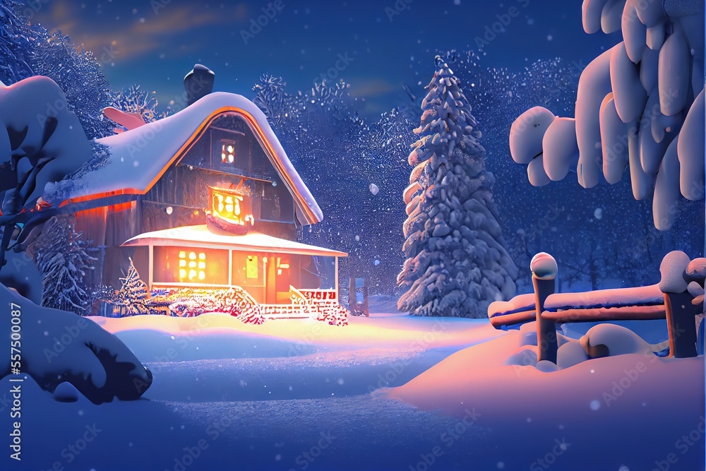 Winter House - snow-covered idyllic home scene. Lonely single home off ...