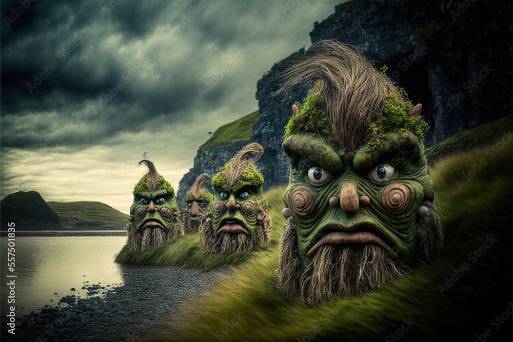 Troll sculptures on an imaginary cloudy land, generative ai Stock ...