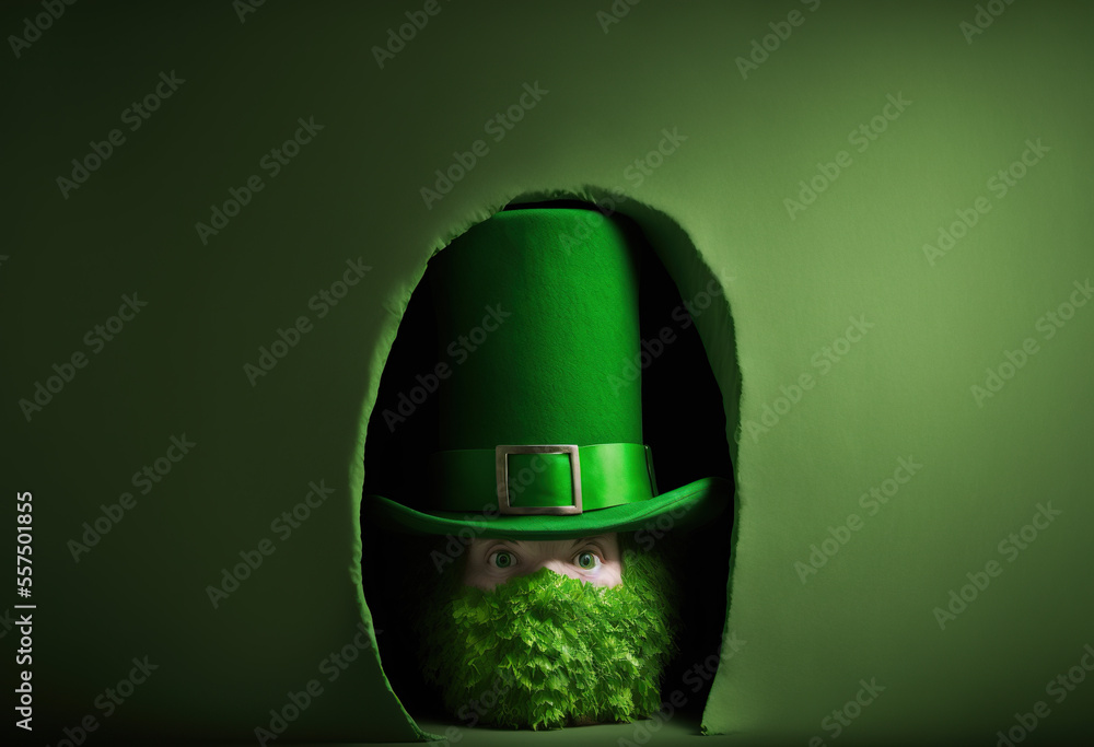 Close up of a cute elf wearing a tall green hat and a big green beard ...