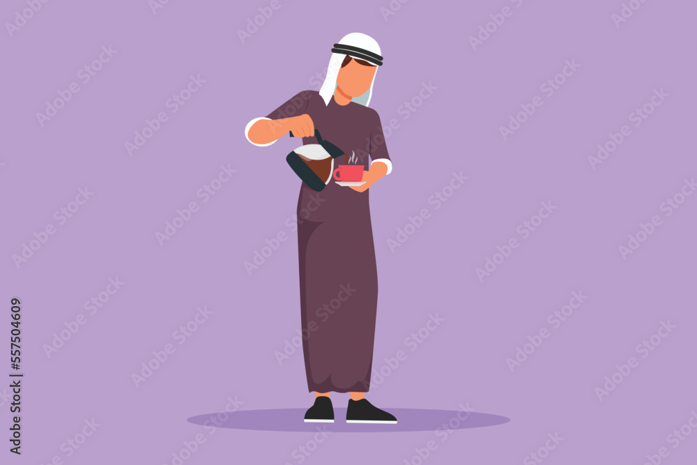 Graphic flat design drawing Arab man drinking coffee. Male standing and ...