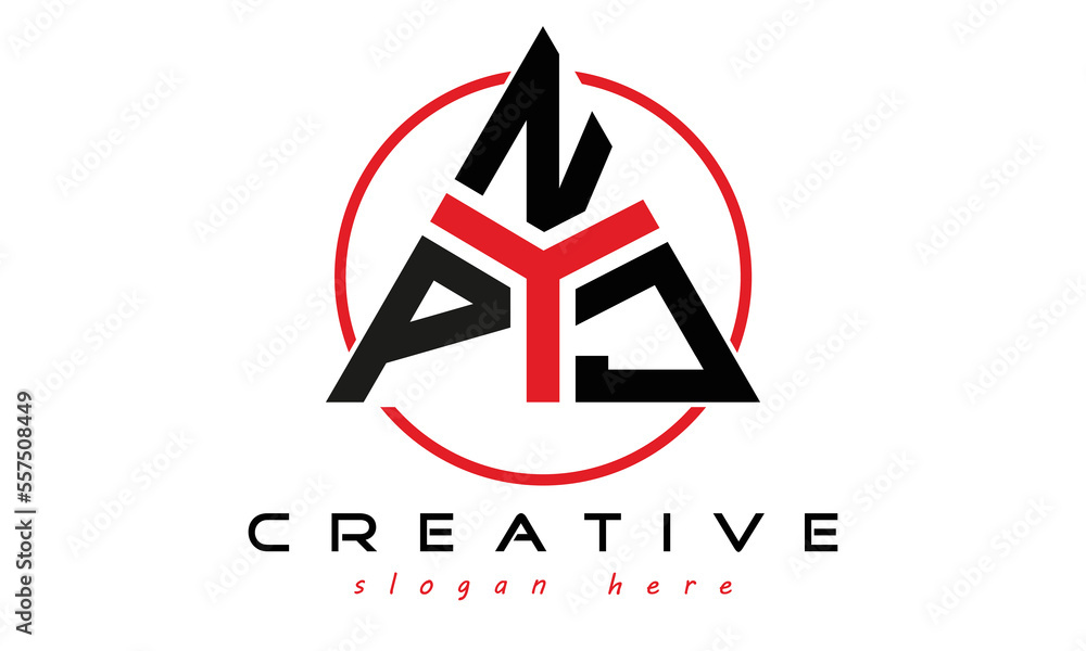 PNJ three letter creative triangle shape in circle logo design vector ...