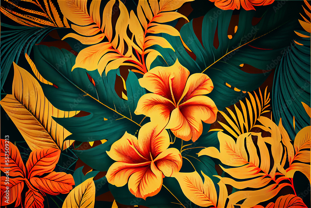 Hawaiian style pattern with hibiscus flowers and lush vegetation ideal ...