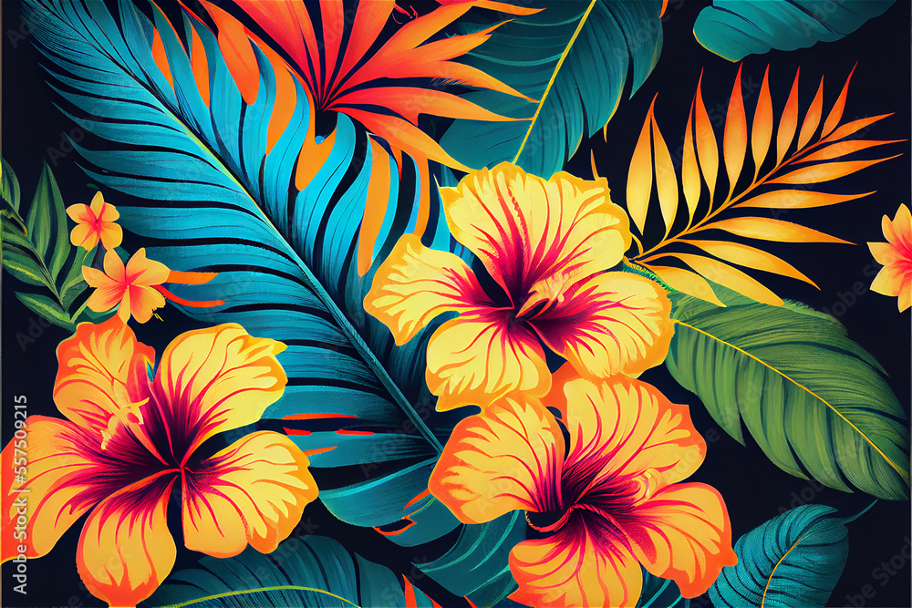 Hawaiian style pattern with hibiscus flowers and lush vegetation ideal ...