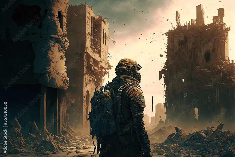 Splendid digital art war concept of ruined city and soldier. Generative ...