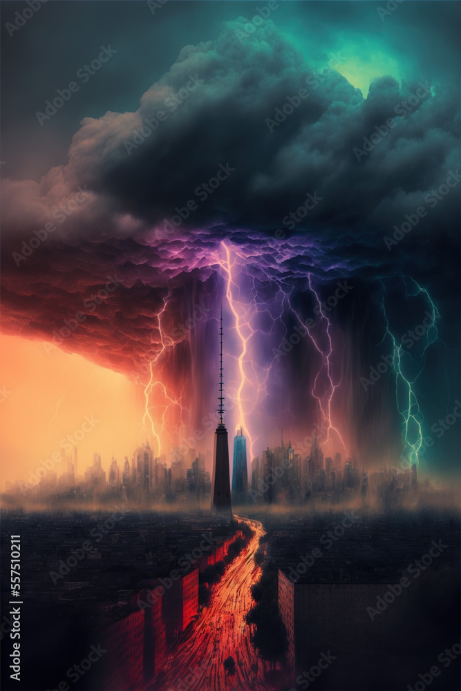 A thunderstorm of color over a city, pale colors, cinematic, ultra ...