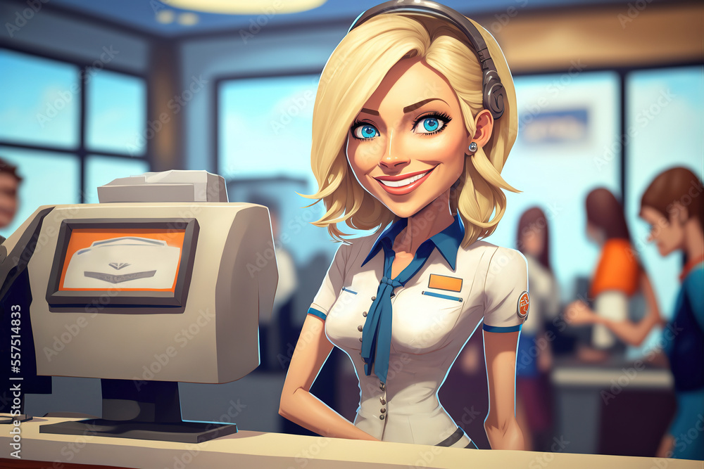 beautiful generic cartoon style woman as sales cashier at the checkout ...