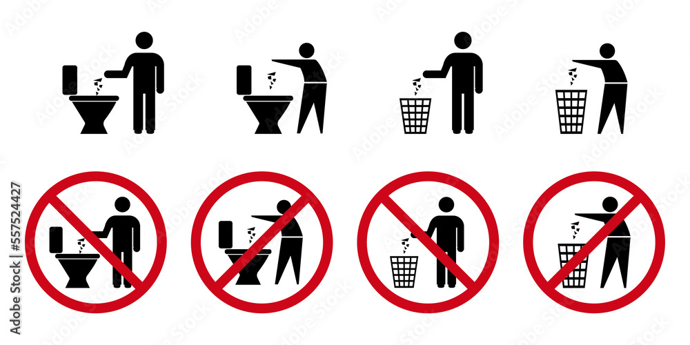 Throwing trash icon set transparent. Do not throw in the toilet icon ...