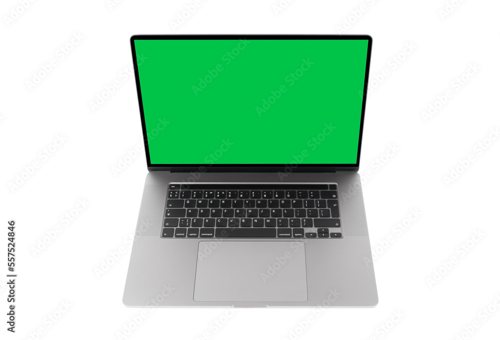 Laptop computer PC with blank green screen with chroma key mock up ...
