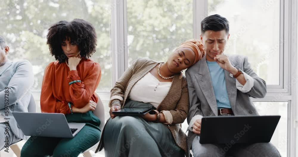 Business, tired and team with burnout, stress and overworked in modern ...