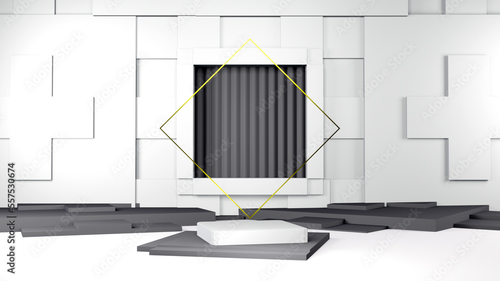 3d render white rectangle backdrop and golden frame. minimal studio ...
