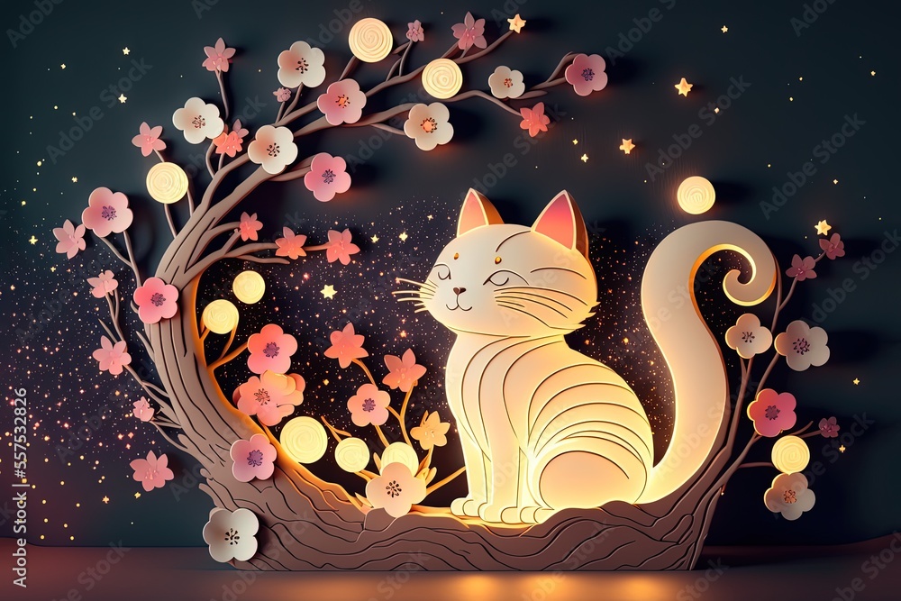 paper craft style illustration of cute cat with flower blossom branch ...
