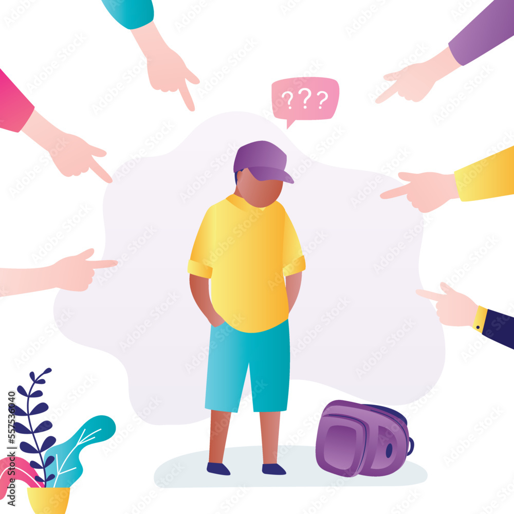 Sad schoolboy humiliated and insulted by classmates. Discrimination ...