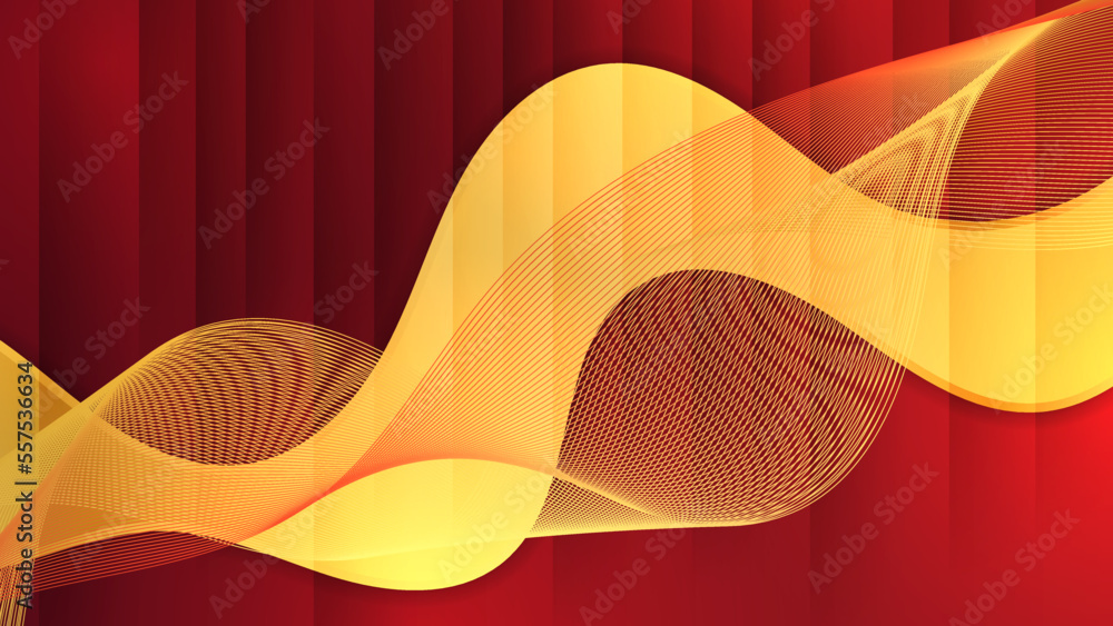 Gold curved lines on red luxury background with glitter light effects ...