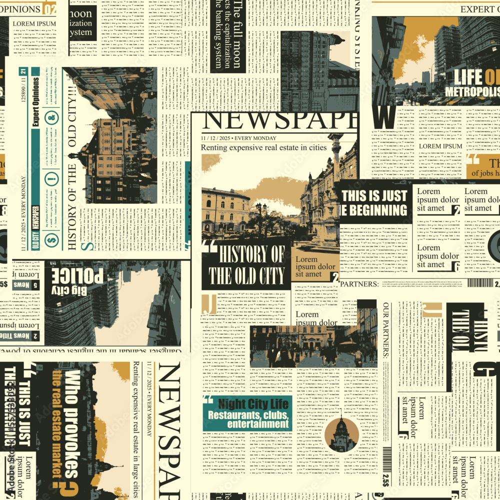 seamless pattern with collage of newspaper or magazine clippings ...