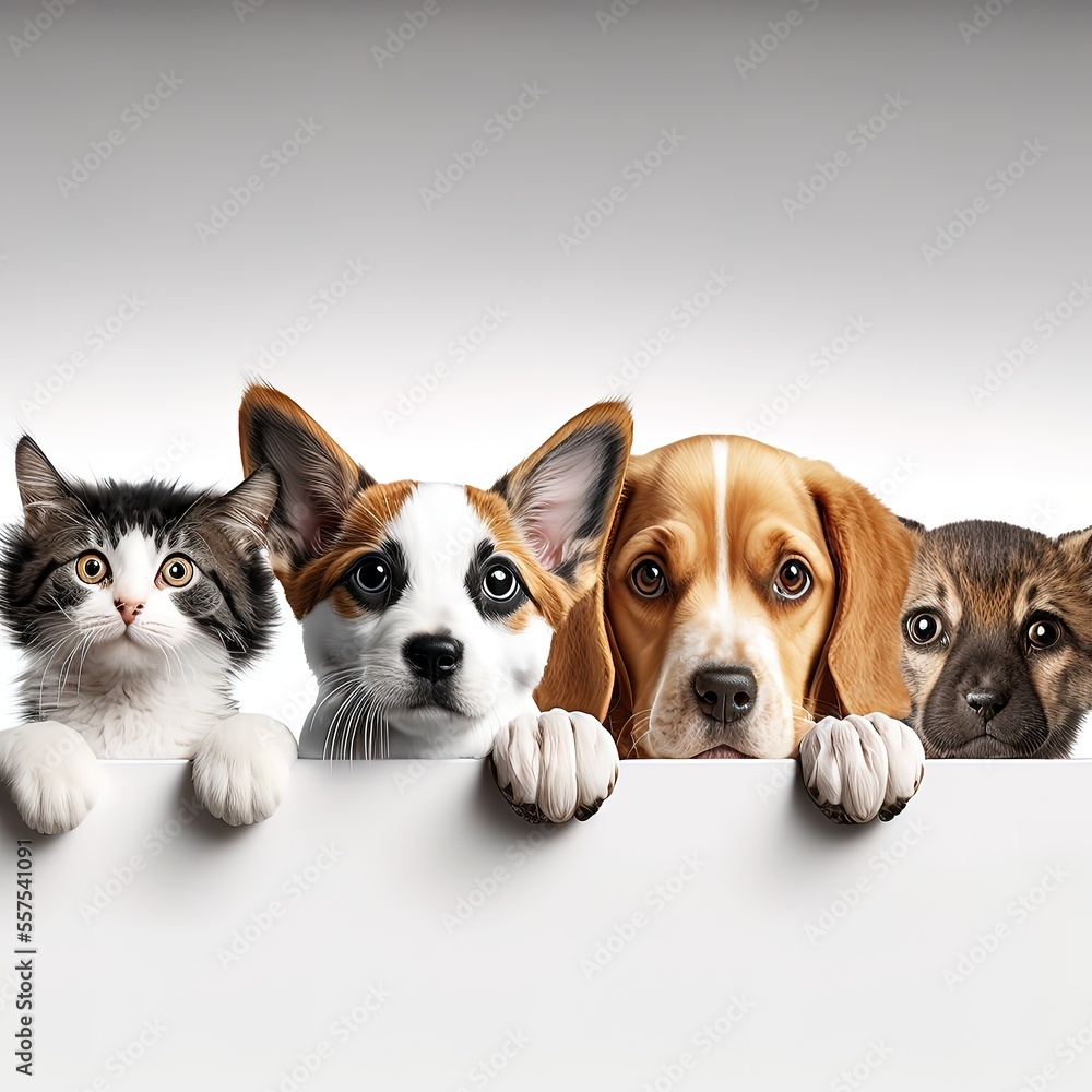 Row of the tops of heads of cats and dogs with paws up, peeking over a ...