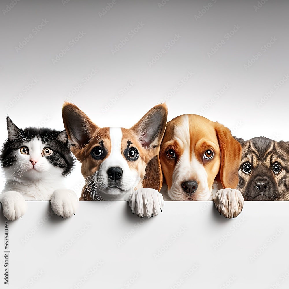 Row of the tops of heads of cats and dogs with paws up, peeking over a ...
