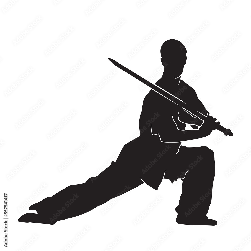 Vector silhouette of martial arts kung fu man standing and use sword to ...