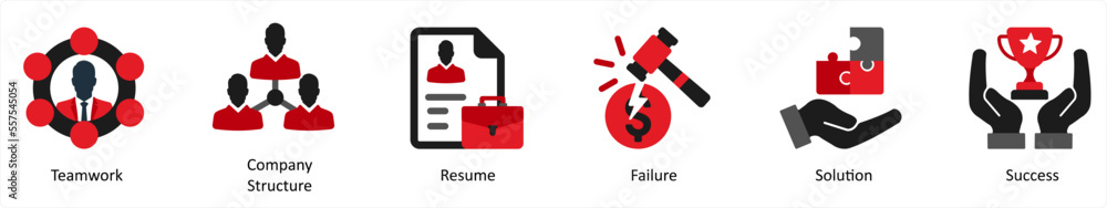 Six business icons in red and black as teamwork, company structure ...