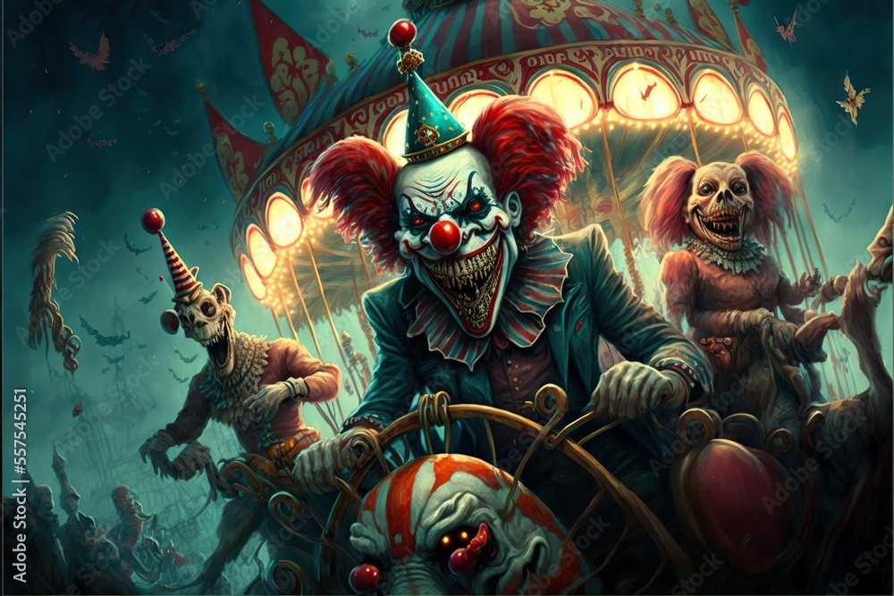 A lot of evil clowns ride the carousel, created with Generative AI ...