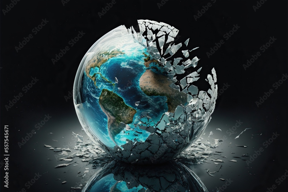 The planet earth fell to the floor and is broken into pieces, broken ...