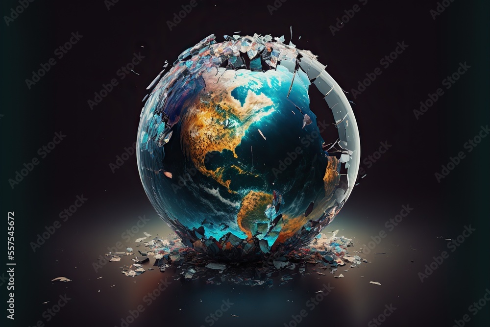 The planet earth fell to the floor and is broken into pieces, broken ...