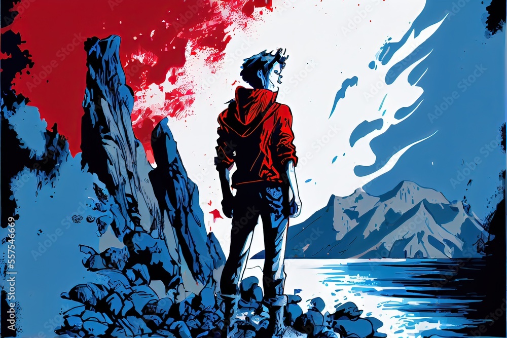 A red, blue and white ink drawing of a traveller standing on a cliff ...