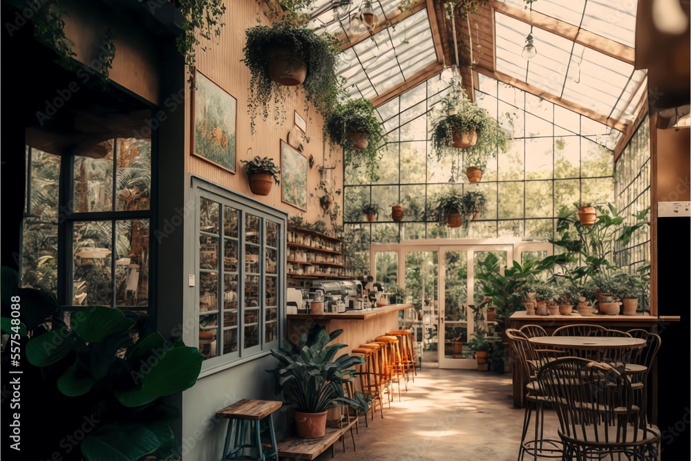 A coffee shop inside a giant greenhouse, 3d render coffee shop is ...